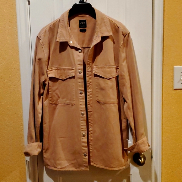 Zara | Shirts | Zara Pale Salmon Pink Cotton Relaxed Fit Denim Shacket ...